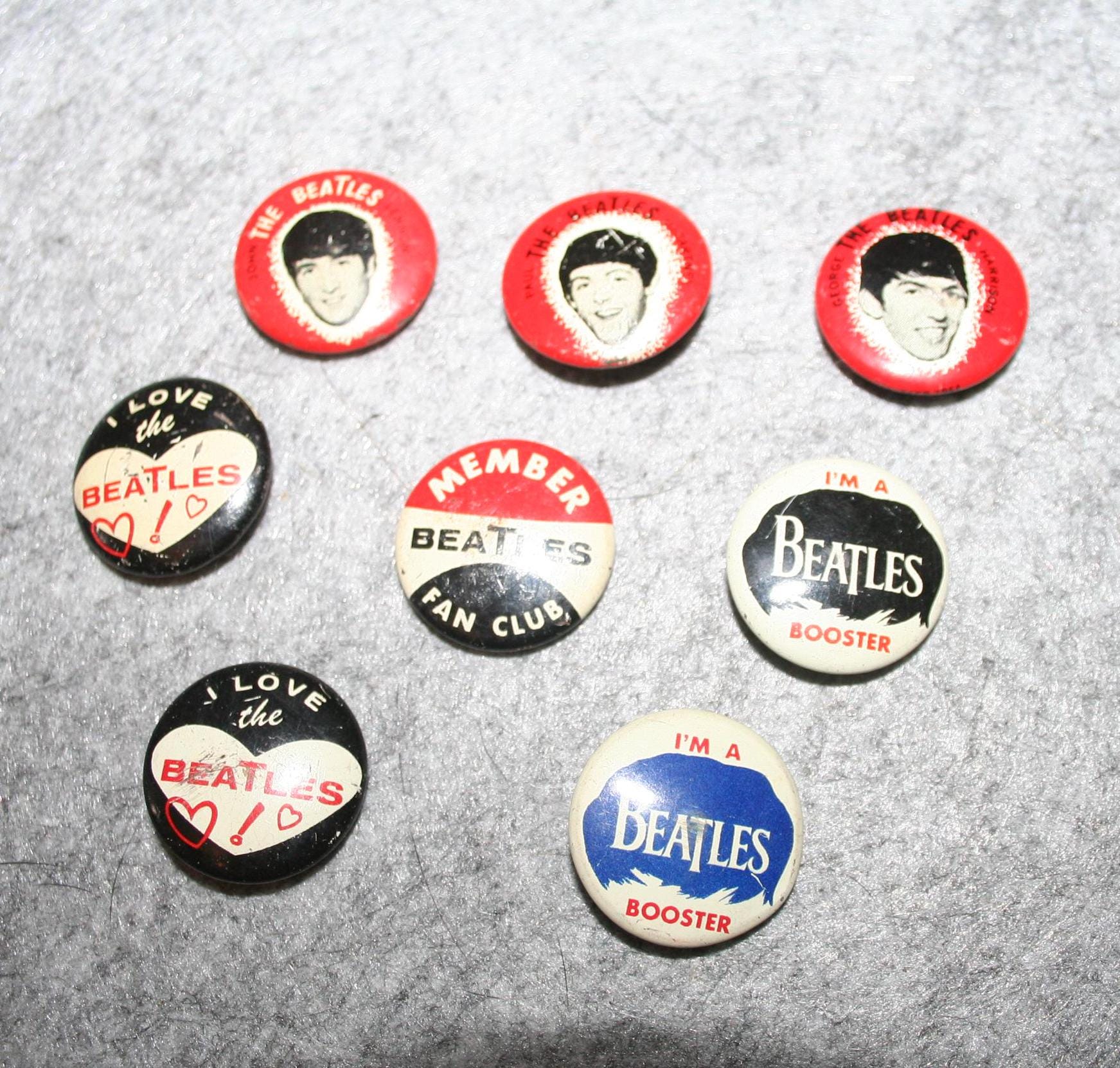 Seven Beatles Original 1964 VTG Pins Fan Club Buttons Green Duck Co ...