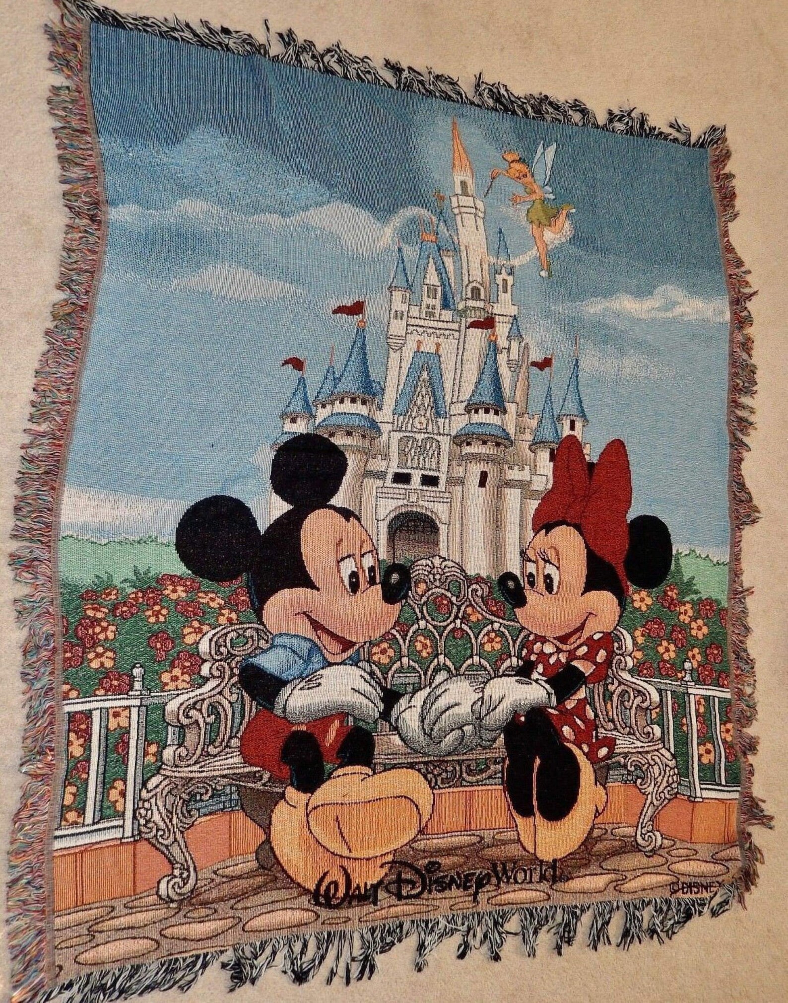 Disney Tinker Bell, Mickey & Minnie Mouse Tapestry Woven Throw Blanket ...