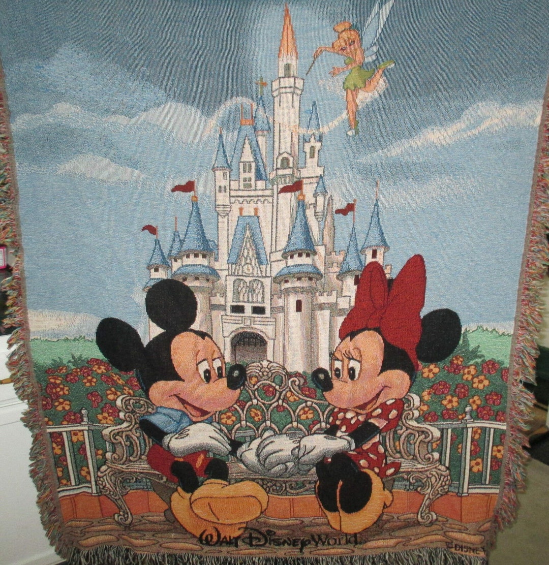 Disney Tinker Bell, Mickey & Minnie Mouse Tapestry Woven Throw Blanket ...