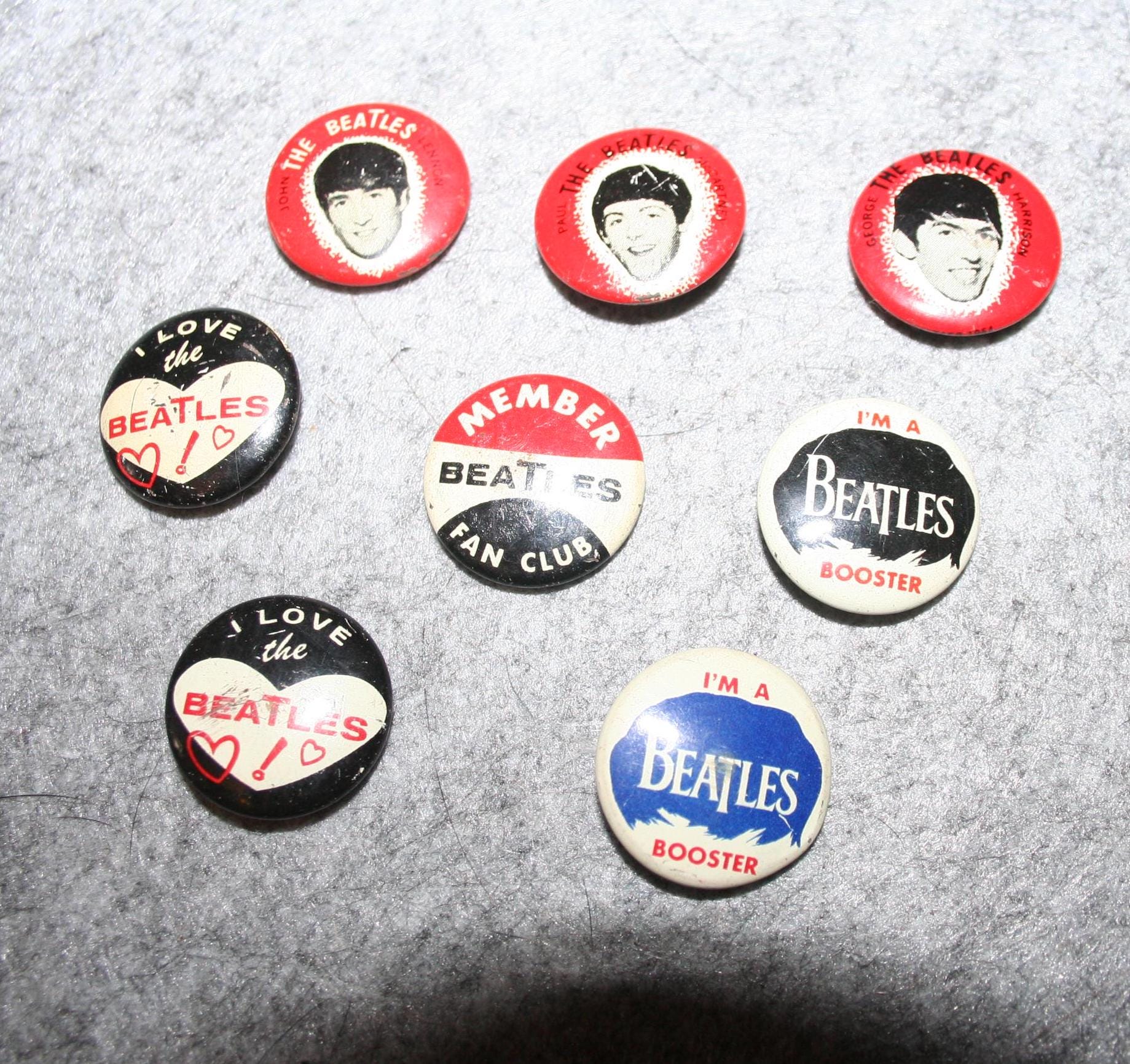 Seven Beatles Original 1964 VTG Pins Fan Club Buttons Green Duck Co ...
