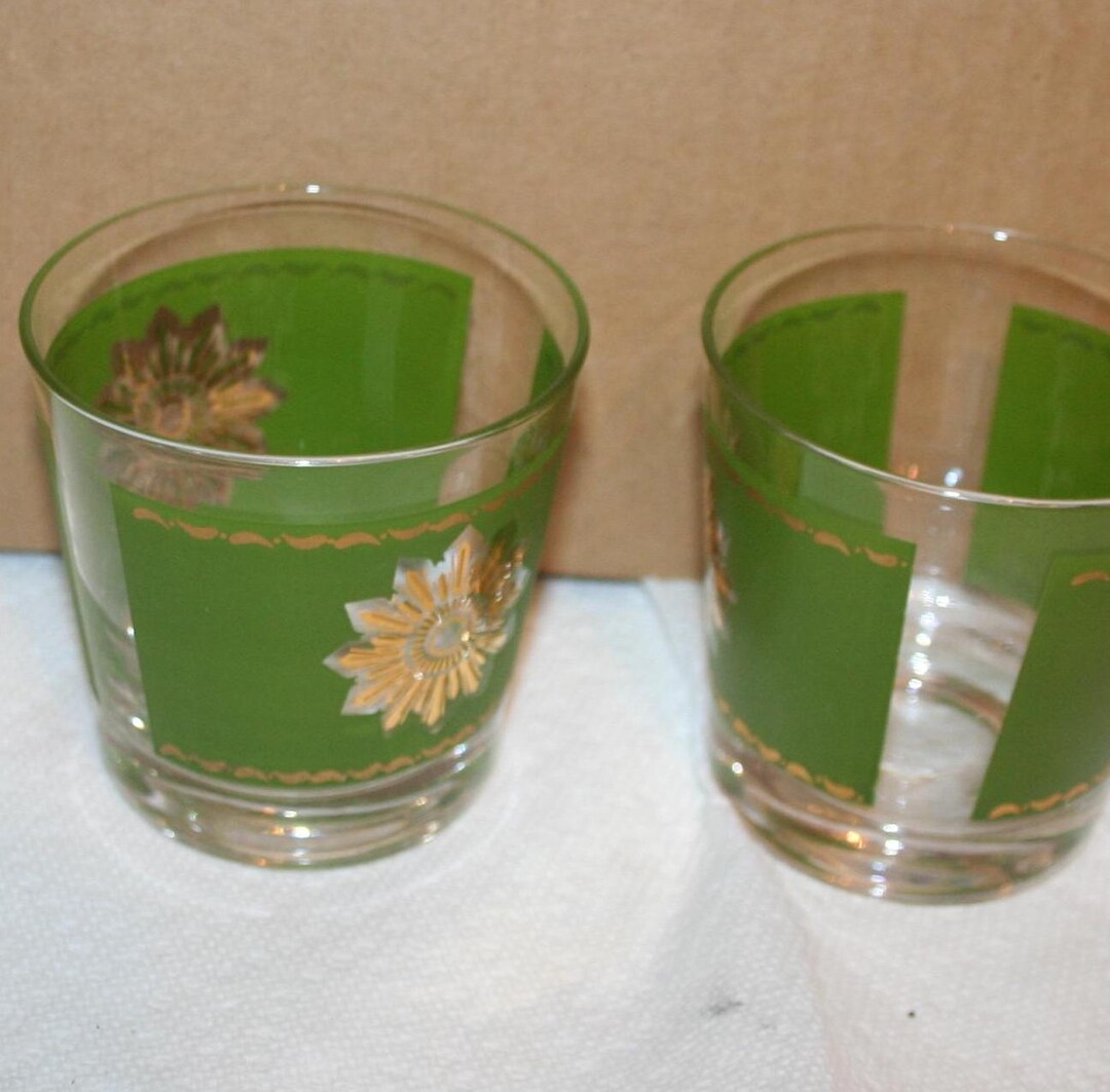 Mcm Federal Starburst Sunburst Two Drinking Glasses Green Gold Hi Ball ...