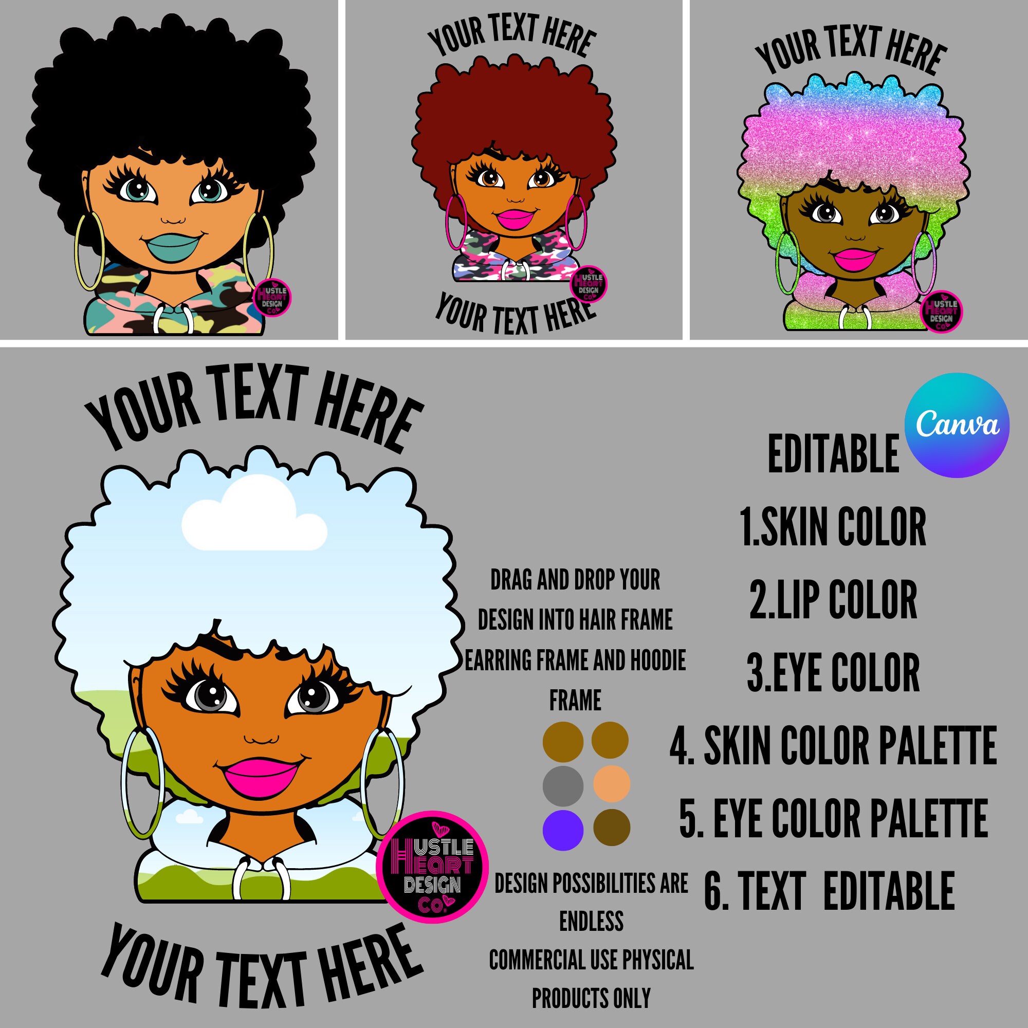 Black Woman Clip Art, Canva Frame, Drag and Drop Sublimation. Black ...