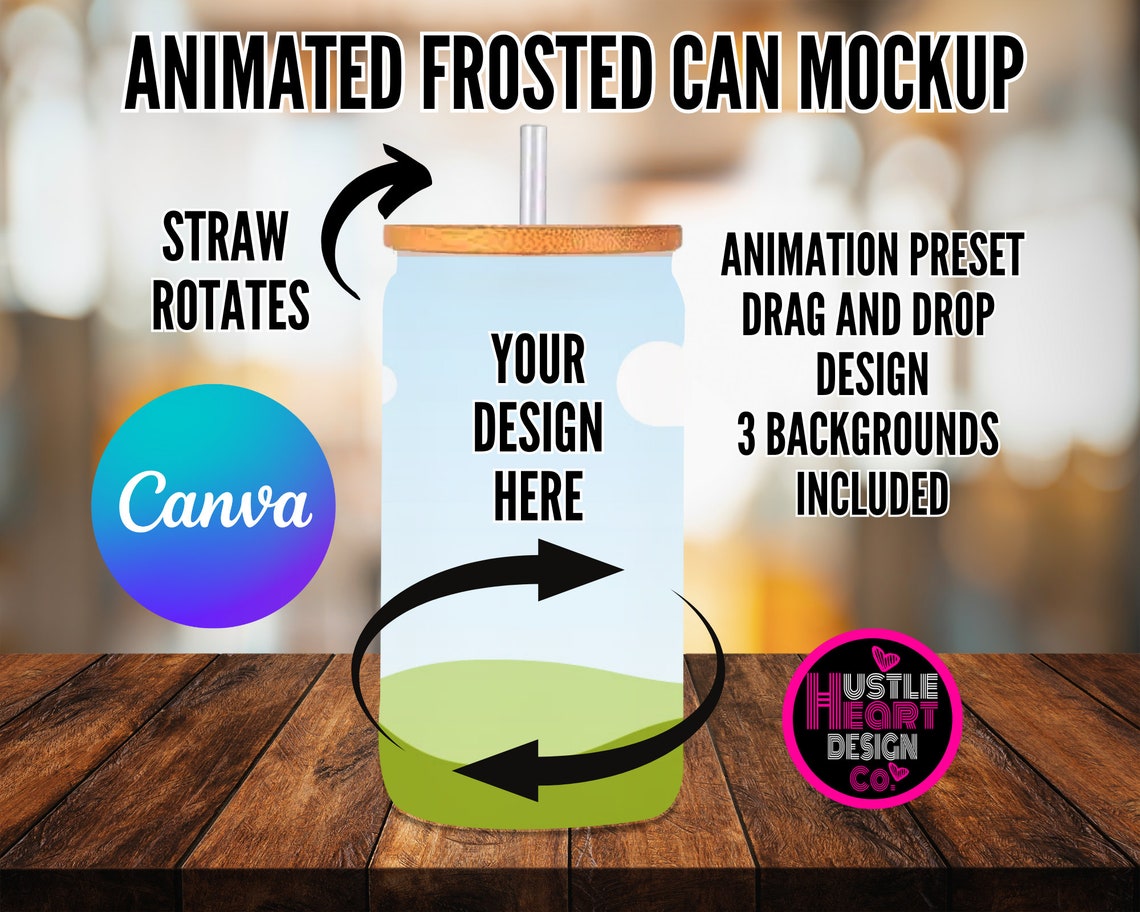 Rotating Frosted Glass Can Mockup, Animated Canva Mockup, 16oz Frosted ...