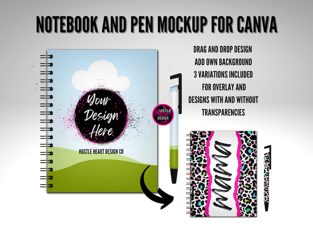 Spiral Notebook Mockup for Canva, Sublimation Pen Mockup, Drag and Drop ...