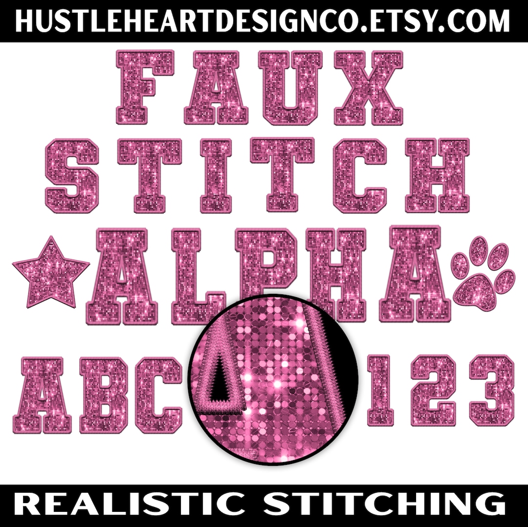 Pink Sequin Stitch Alphaset Faux Embroidery Alphaset, Pink Sequin ...