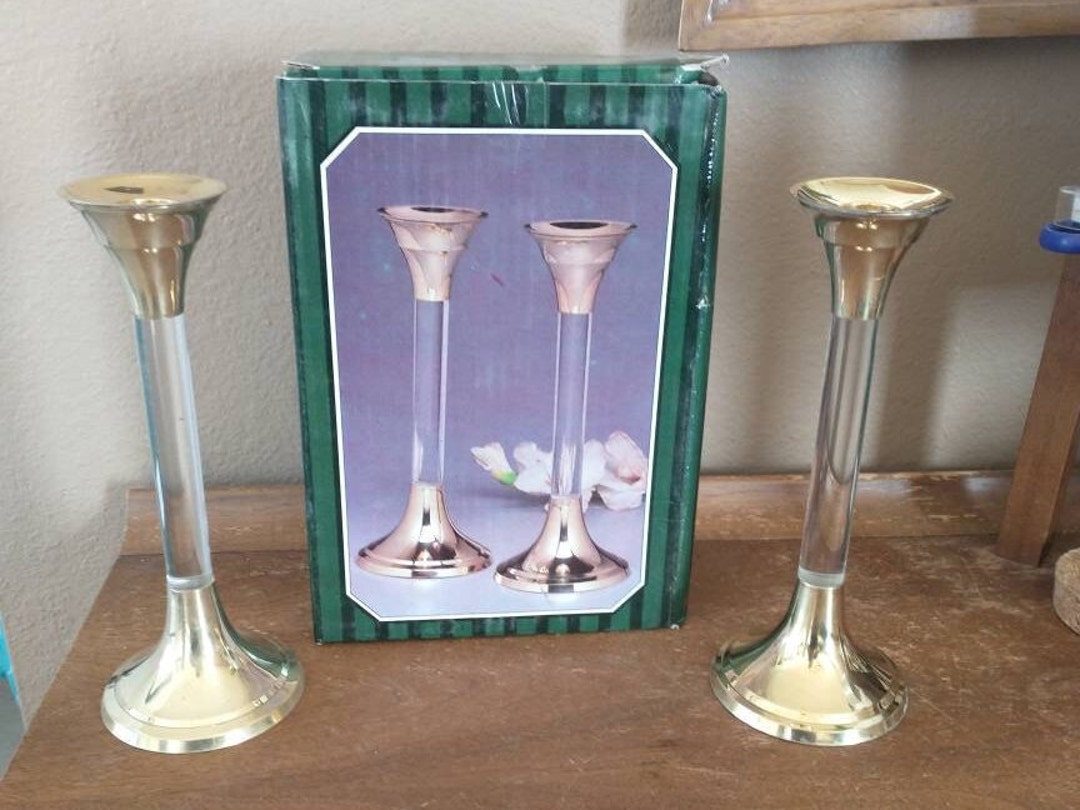Vintage Brass Clear Acrylic Candlesticks Functional Decor - Etsy