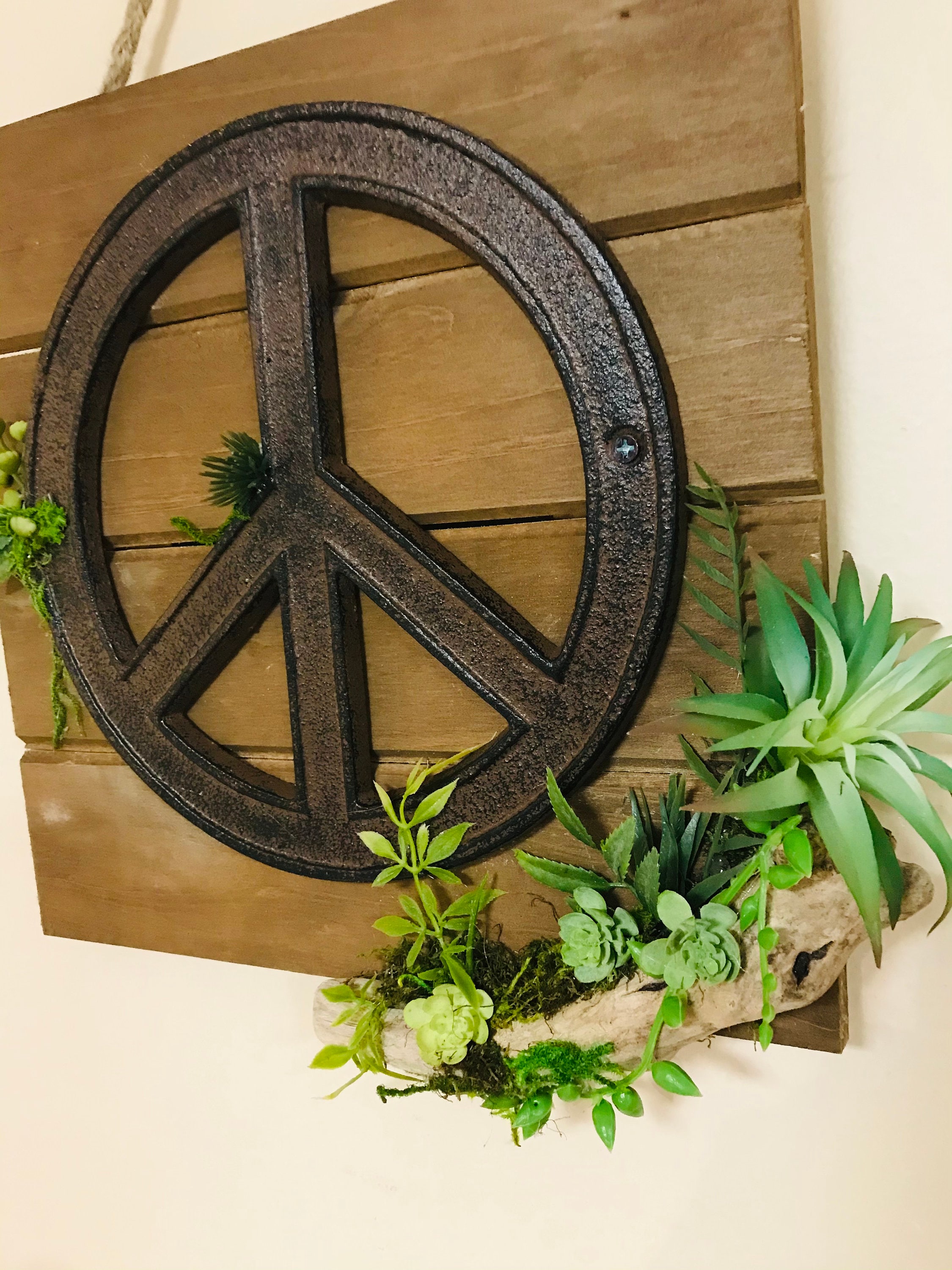 Iron Peace Sign on Wood Square Wall Hanging - Etsy