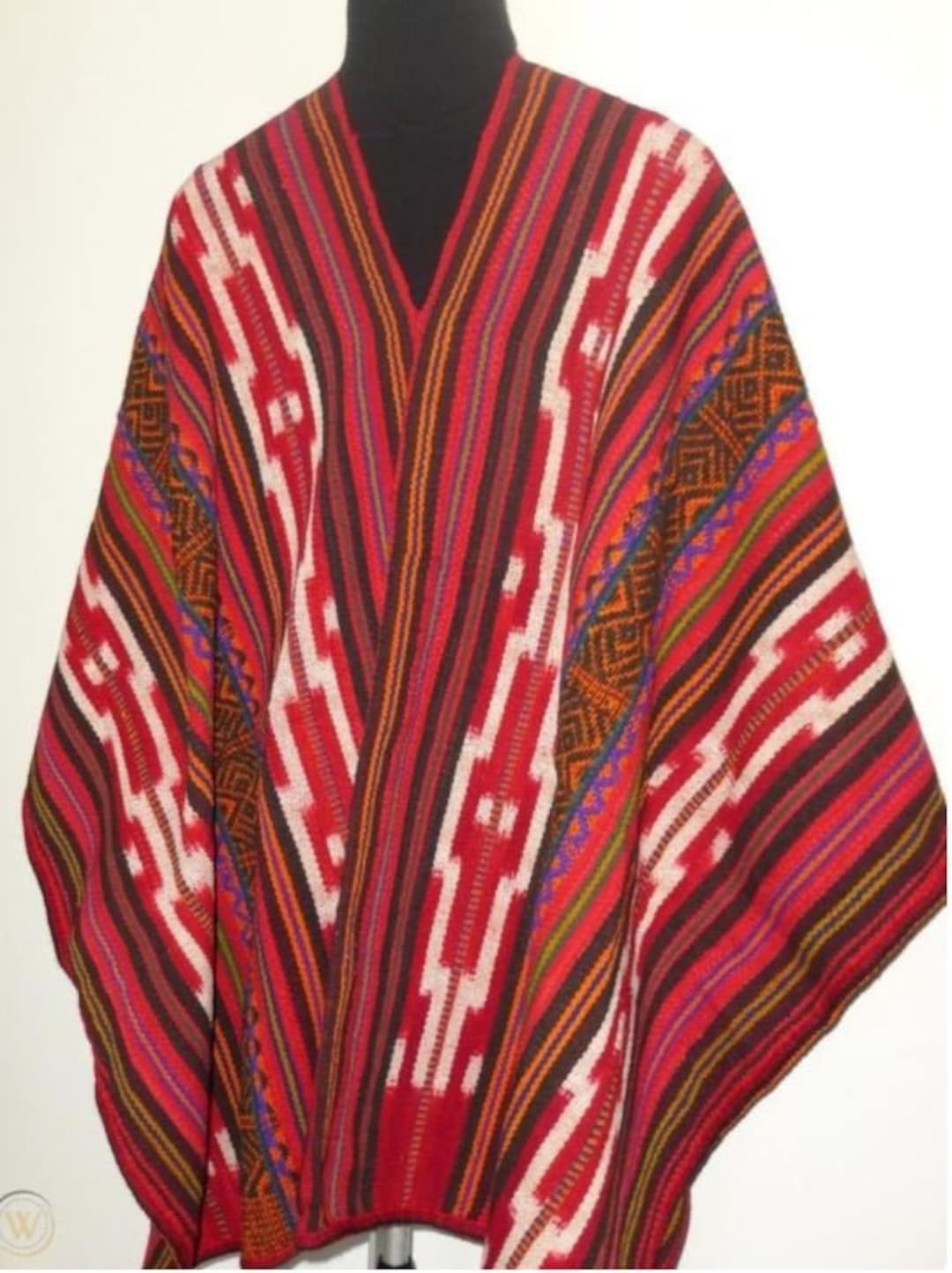 Peruvian Poncho Traditional Wool Blend Rainbow Red, Shamans Poncho ...