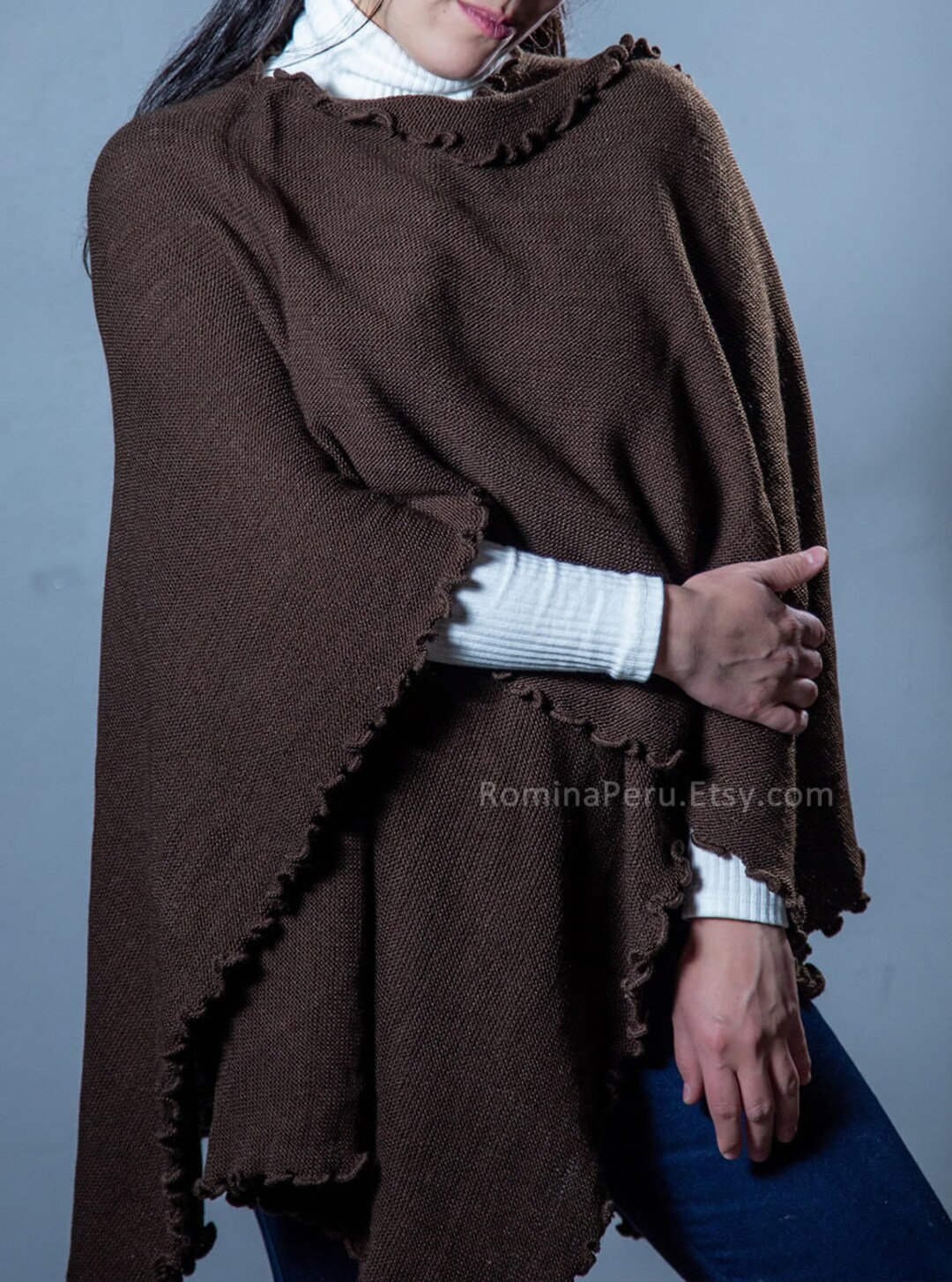 Cape Poncho Alpaca Women's Ruana Brown Knitted Alpaca Wool Ruffle Trim ...