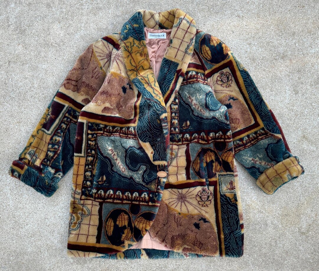 Vintage 80s Donnybrook Atlas World Map Print Faux Fur Coat // Medium ...