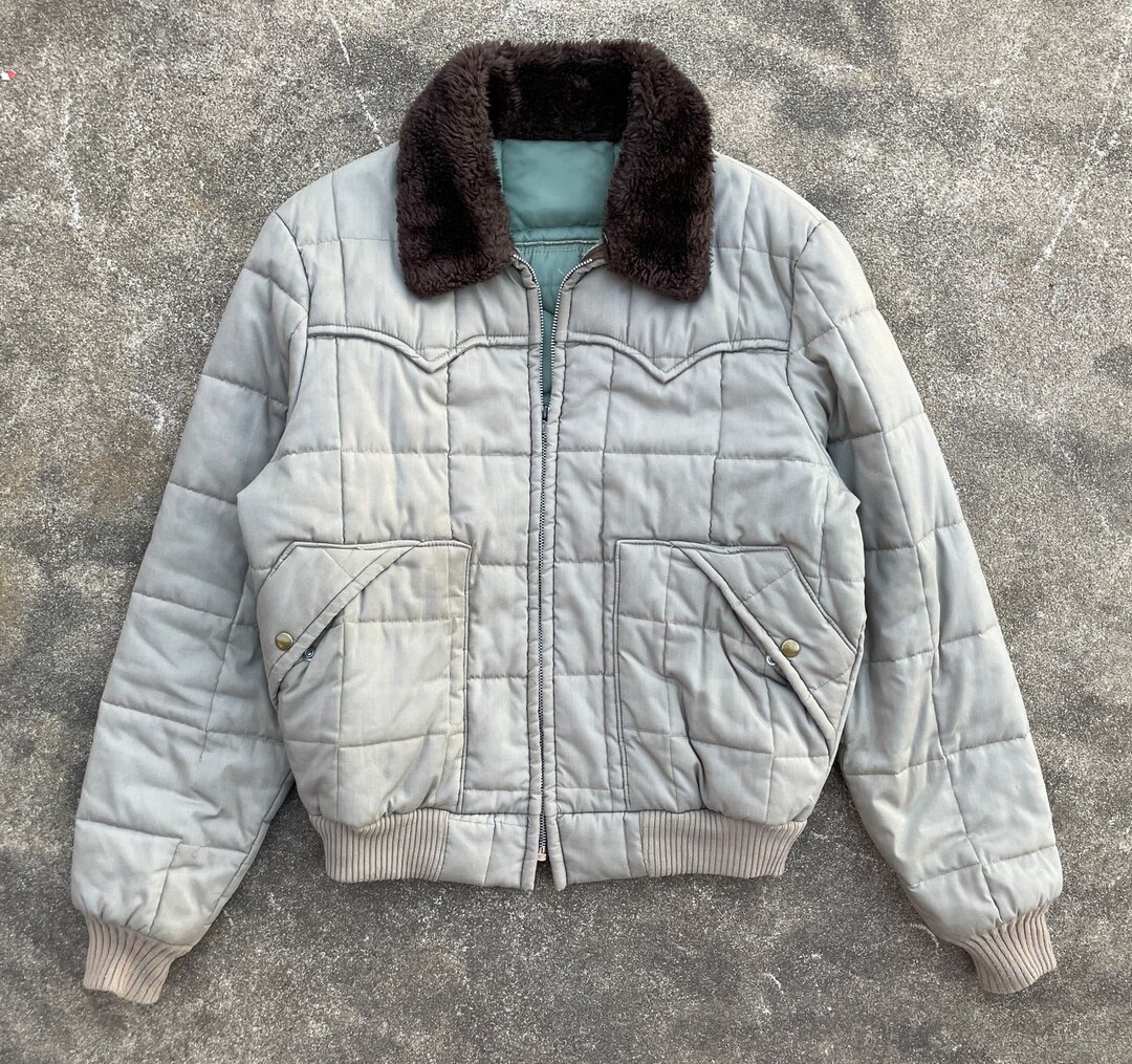 Vintage 70s Beige Green Western Yoke Puffer Jacket // Medium/l ...