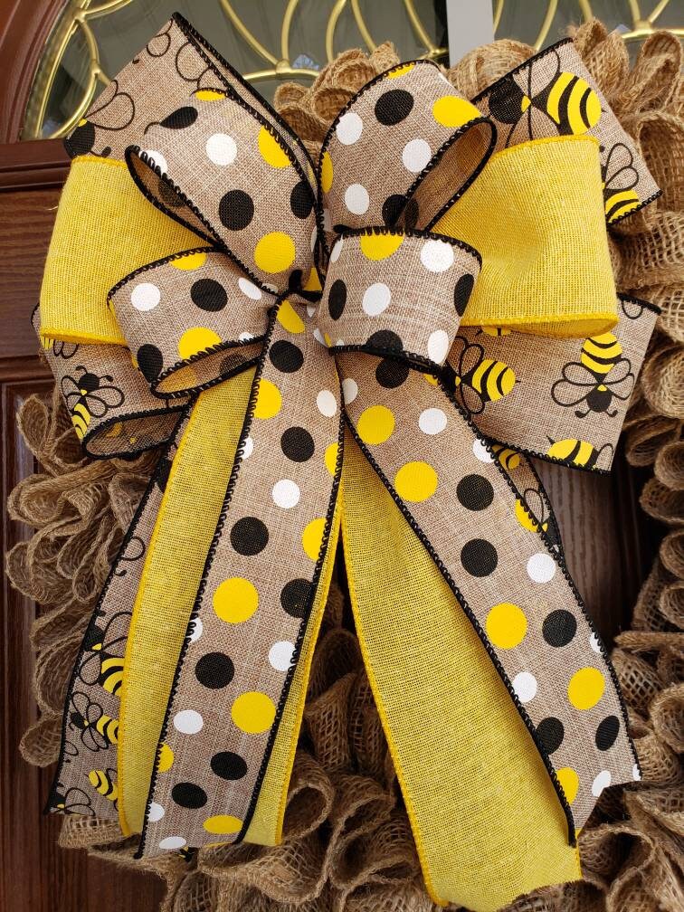 Premade Bow for Wreath, Bee Wreath Bow, Bumble Bee Wreath Bow, Honey ...