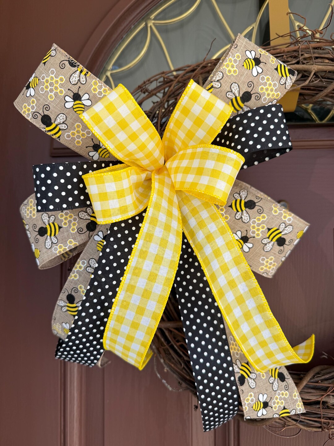 Bee Bow for Wreath, Premade Wreath Bow, Summer Wreath Bow for Outdoors ...