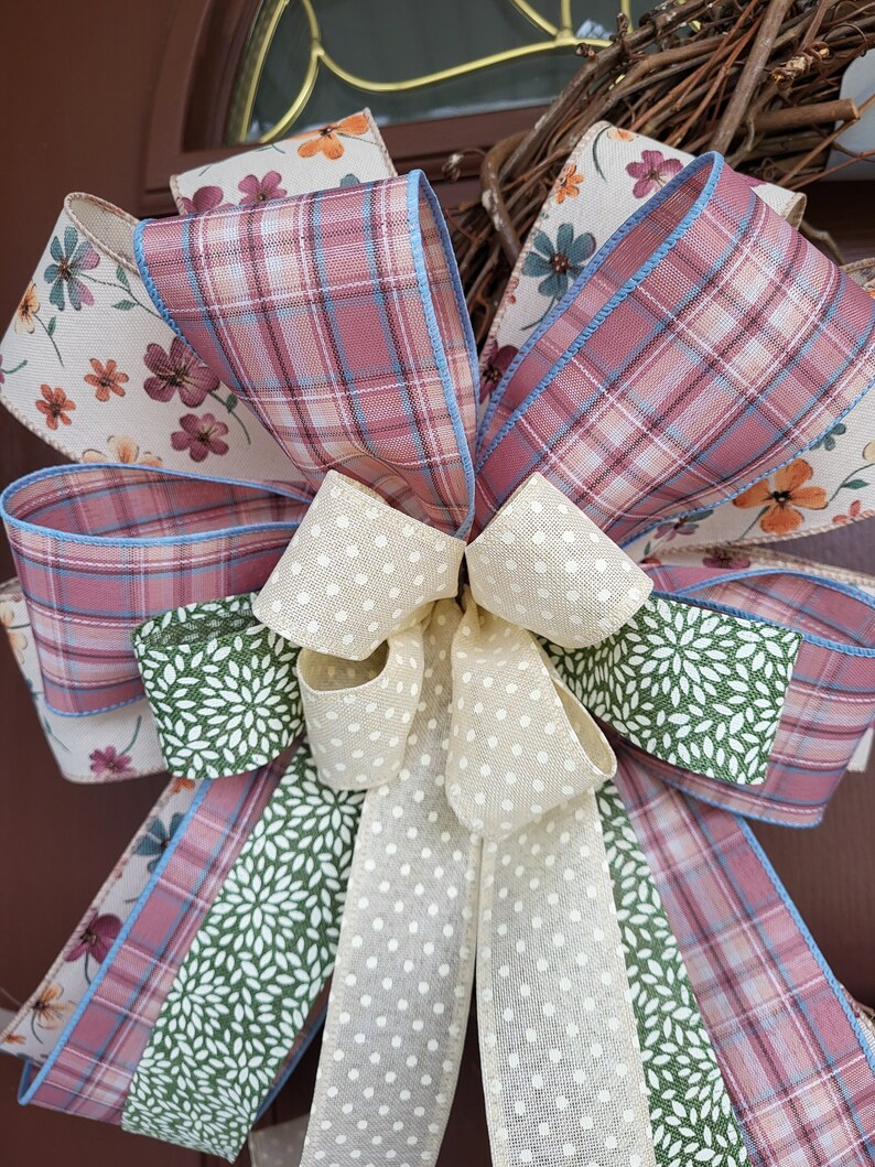 Floral Bow for Wreath, Cottage Style Floral Wreath Bow, Pink Spring ...