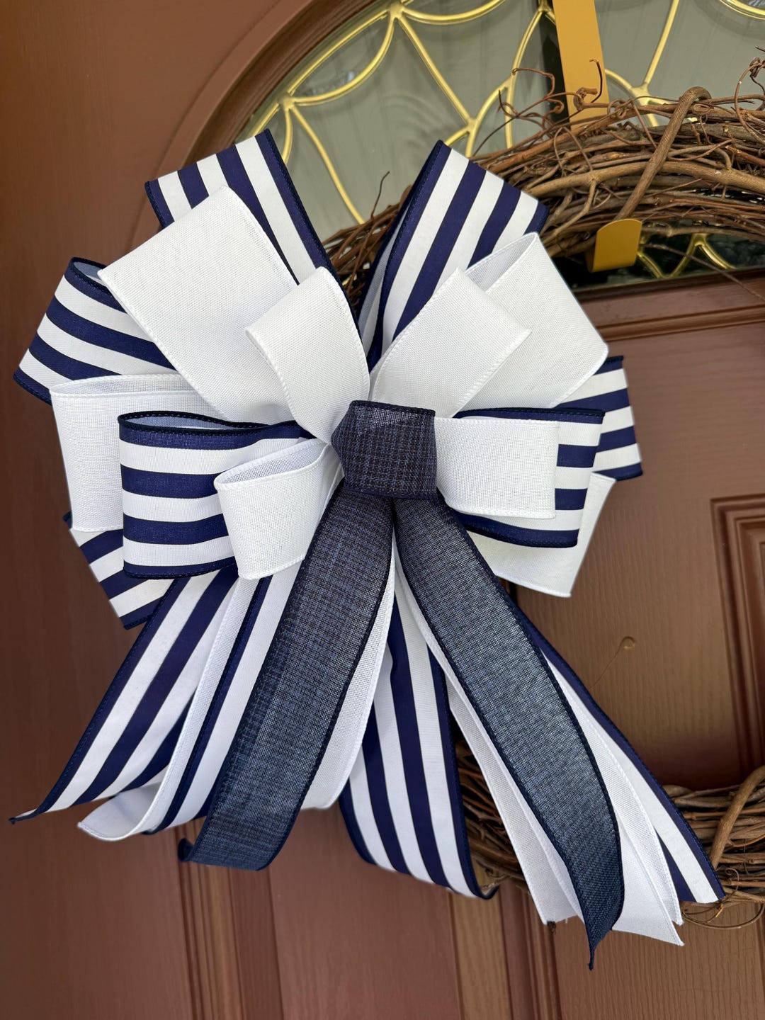 Blue Bow for Wreath, Striped Wreath Bow, Coastal Bow, Nautical Home ...