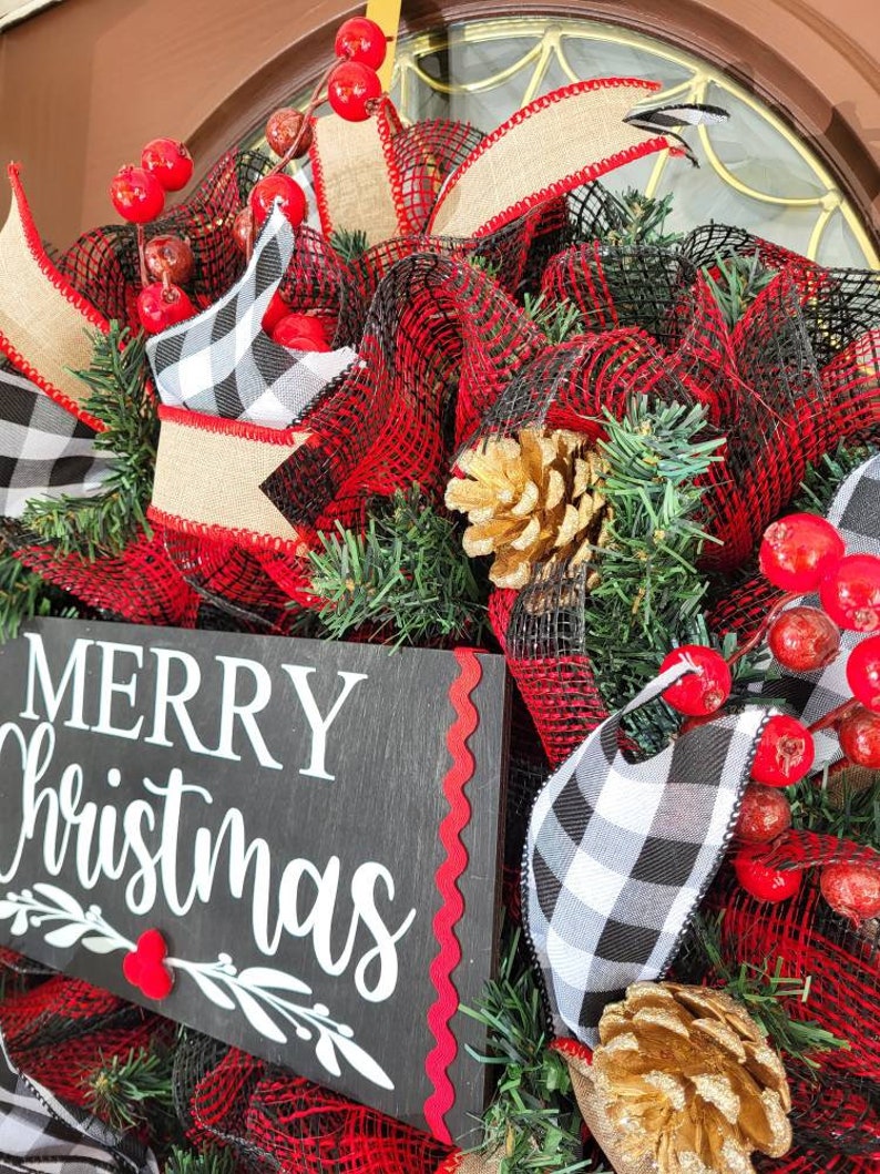 Christmas Wreath, Buffalo Plaid Christmas Wreath, Farmhouse Christmas ...