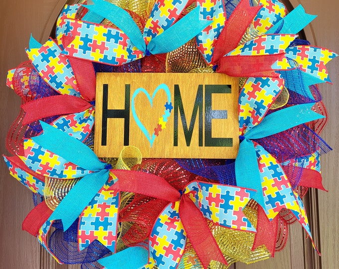 Autism Puzzle Wreath for Front Door, Autism Awareness Floral Door ...