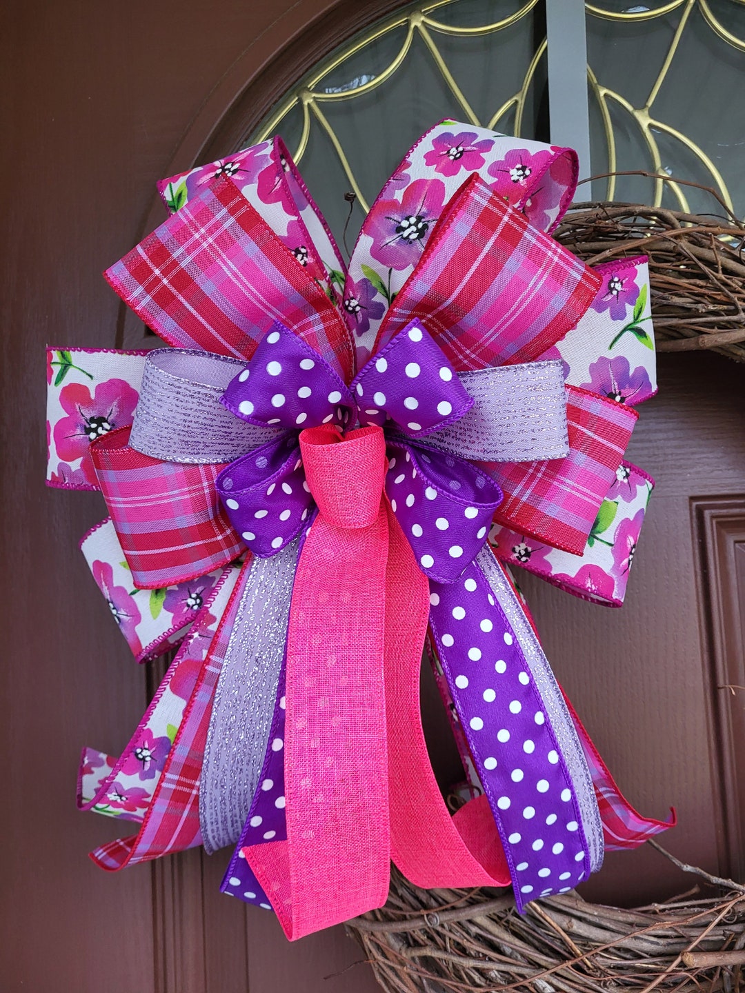 Spring Bow, Pink and Purple Wreath Bow, Bows for Wreaths, Summer Bow ...