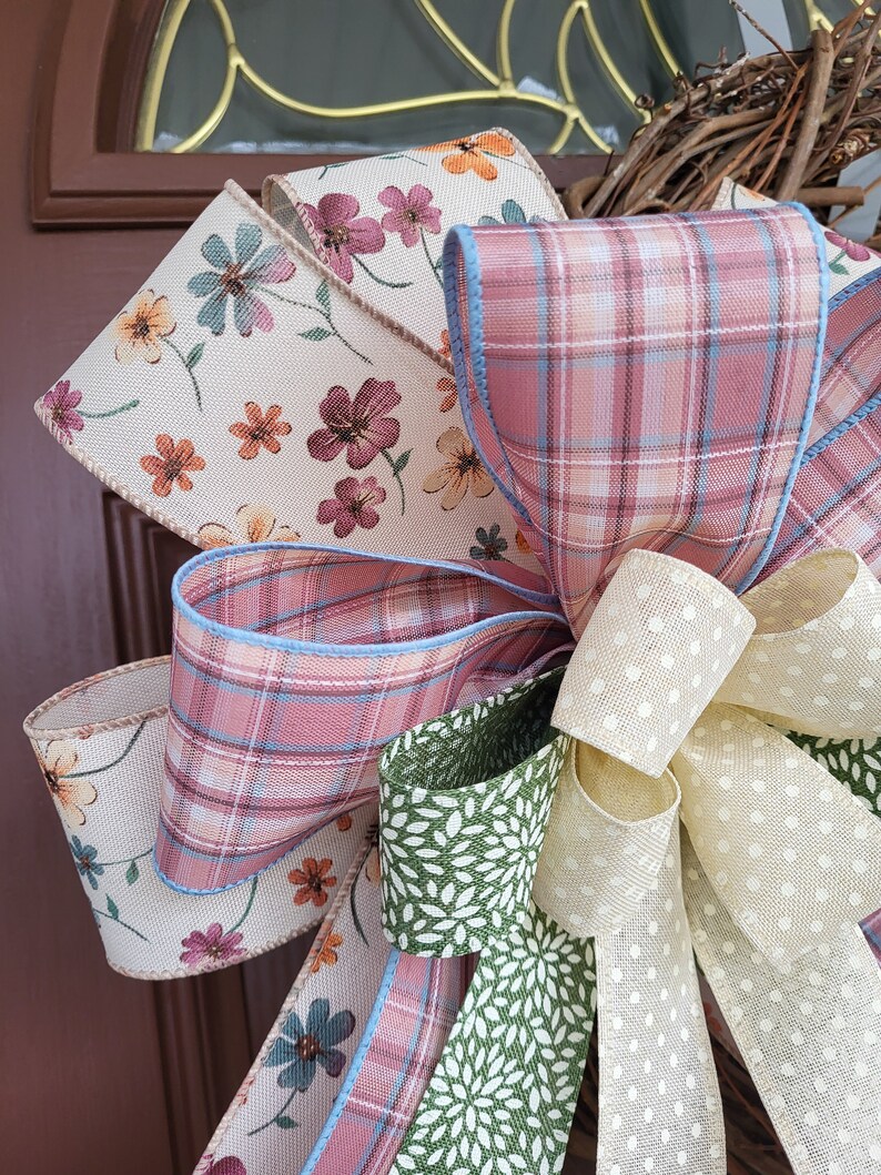 Floral Bow for Wreath, Cottage Style Floral Wreath Bow, Pink Spring ...
