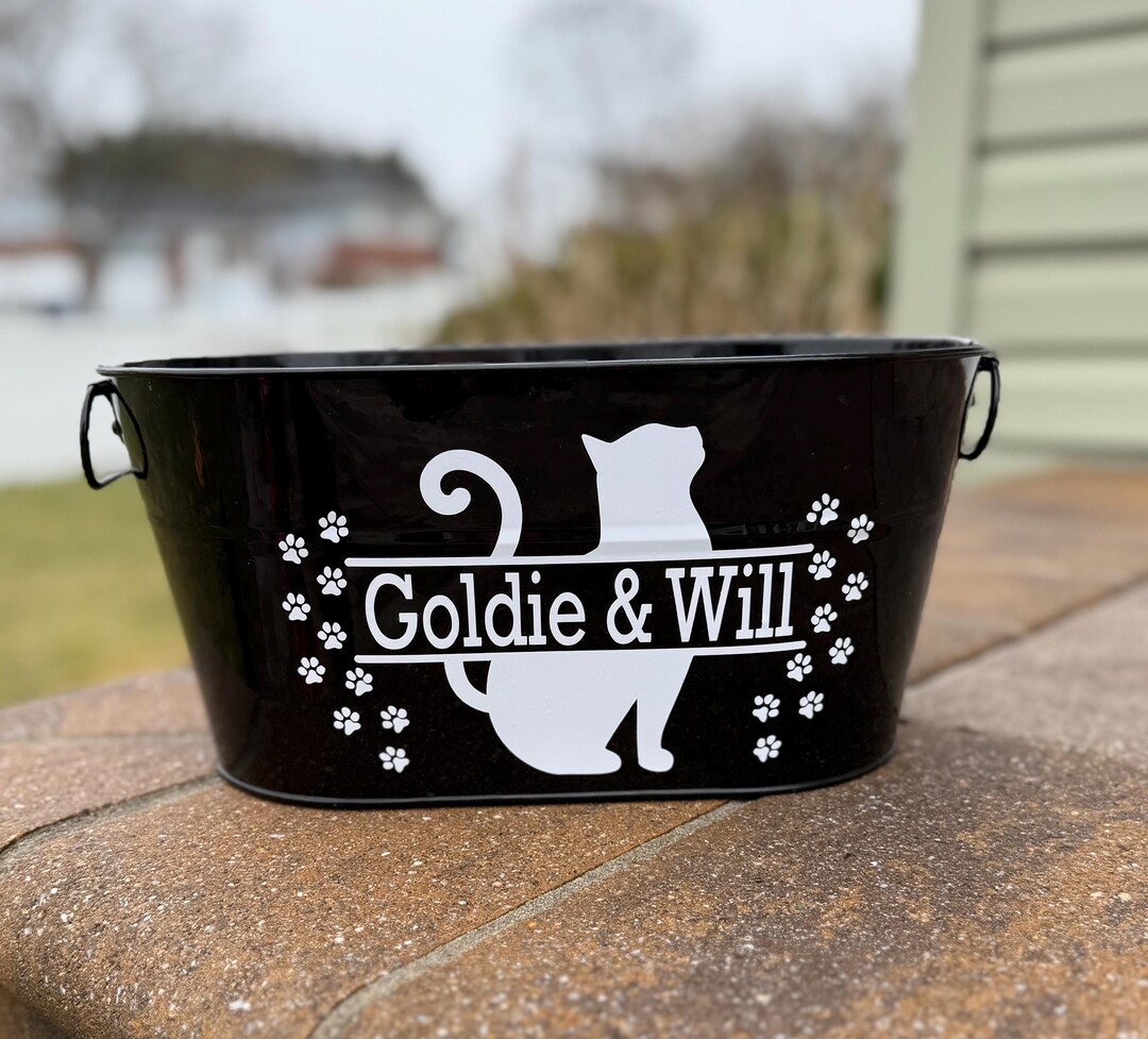 Personalized Cat Basket, Cat Toy Holder, Cat Lover Gift, Metal Bucket ...