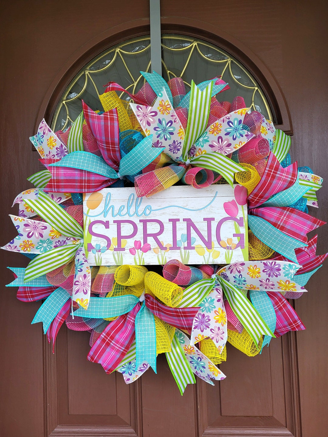 Spring Wreath, Wreath for Front Door, Colorful Door Wreath, Hello ...