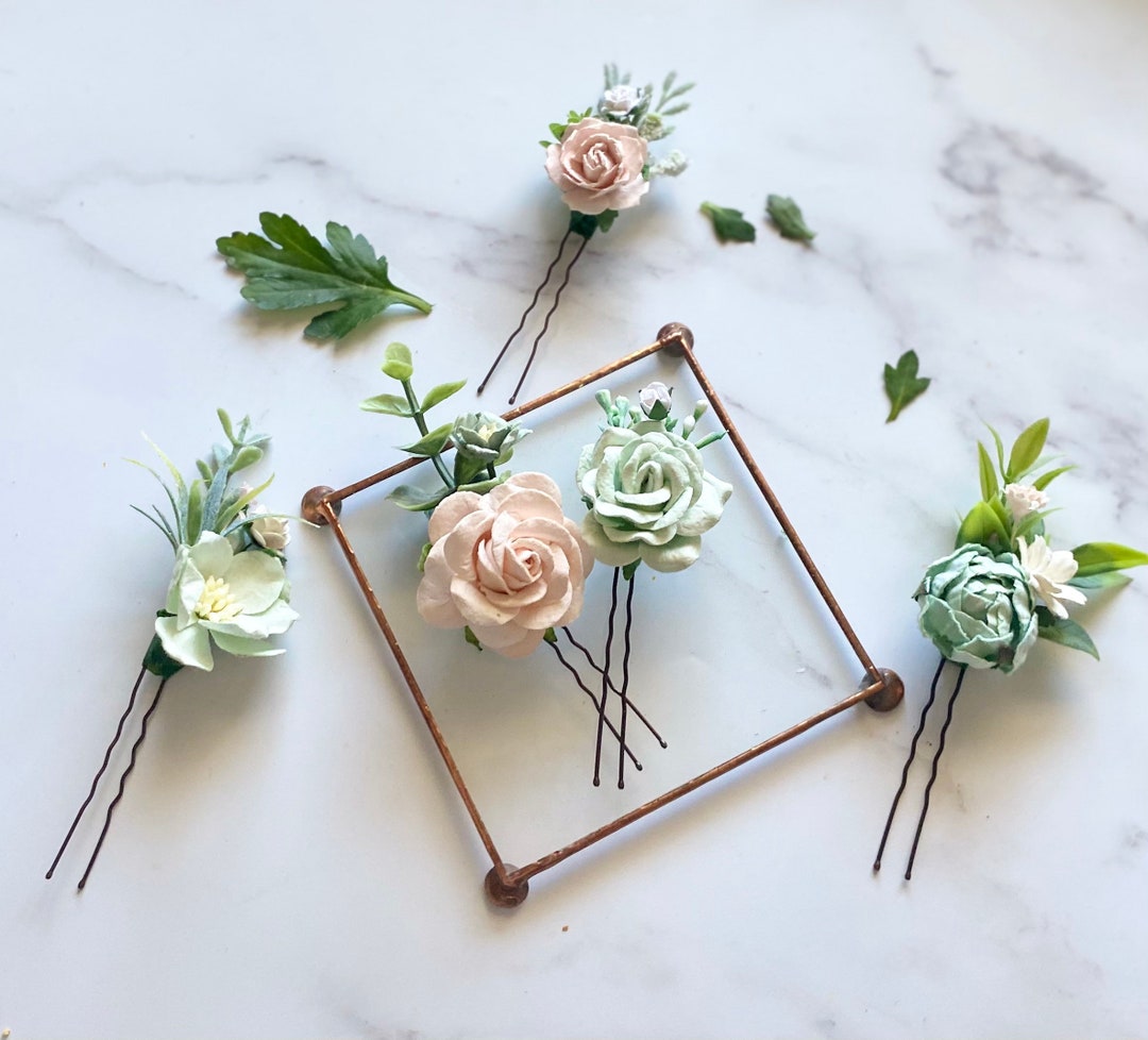 Sage Green and Blush Flower Hair Pins, Set of 5 Bridal Hair Pins, Paper ...