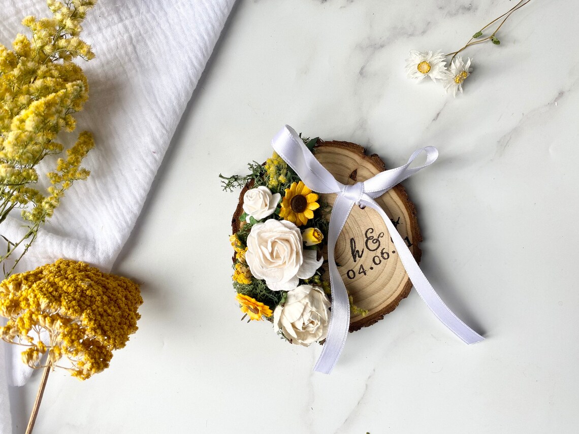 Sunflower and White Rose Wooden Wedding Ring Holder, Flower Wedding ...