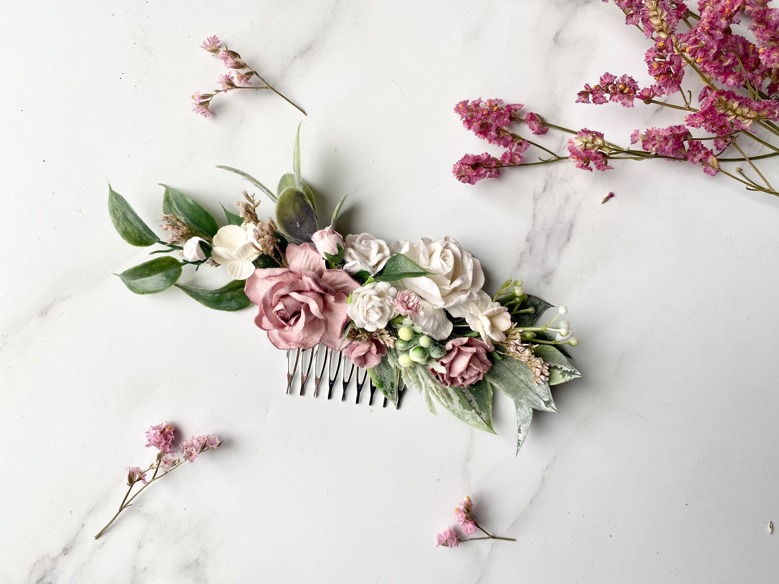 Dusty Pink and White Hair Comb Bridal Hair Comb Flower Hair - Etsy