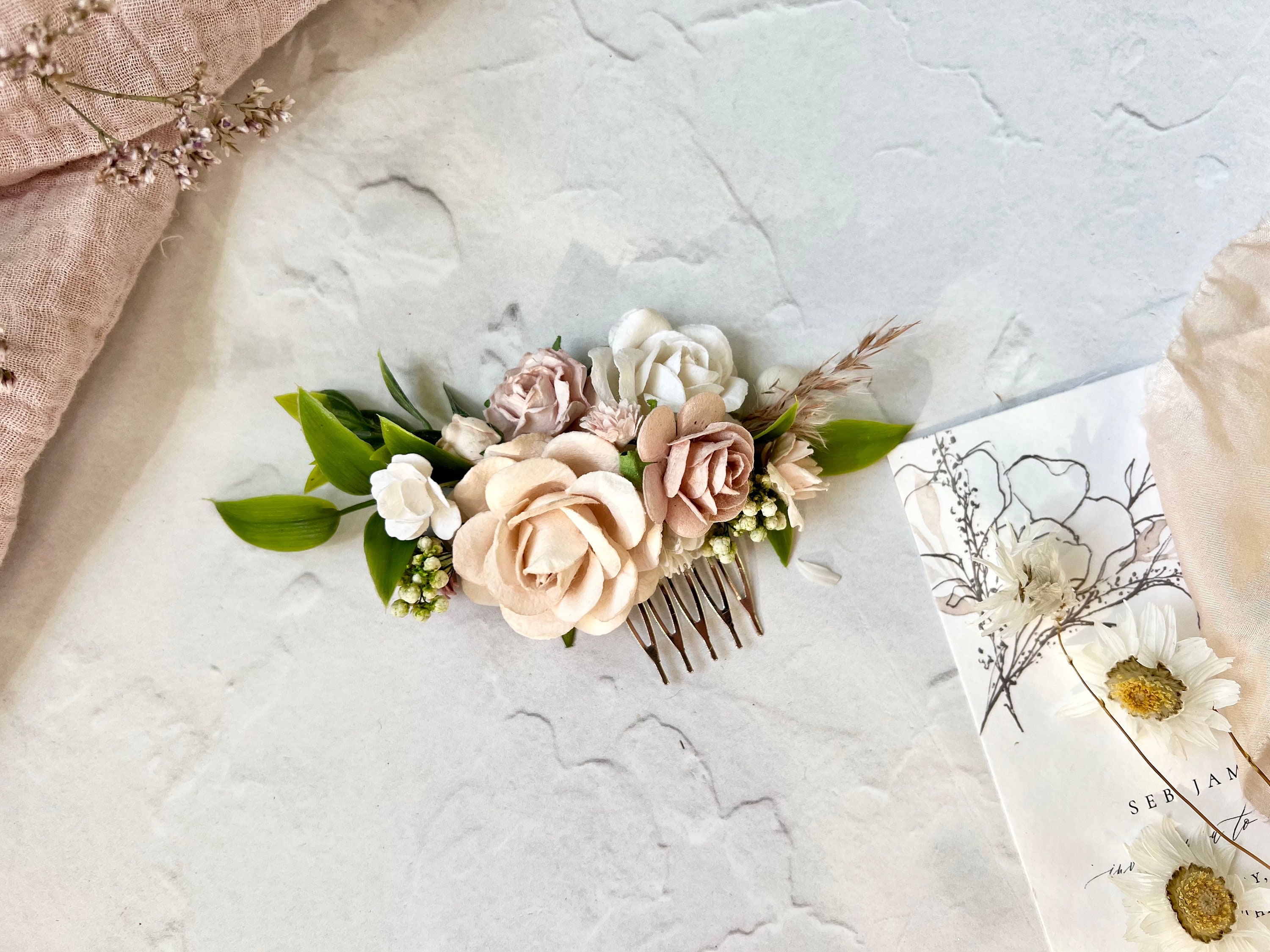 Flower Hair Comb, Blush, Pink and White Floral Hair Comb, Bridal Hair ...