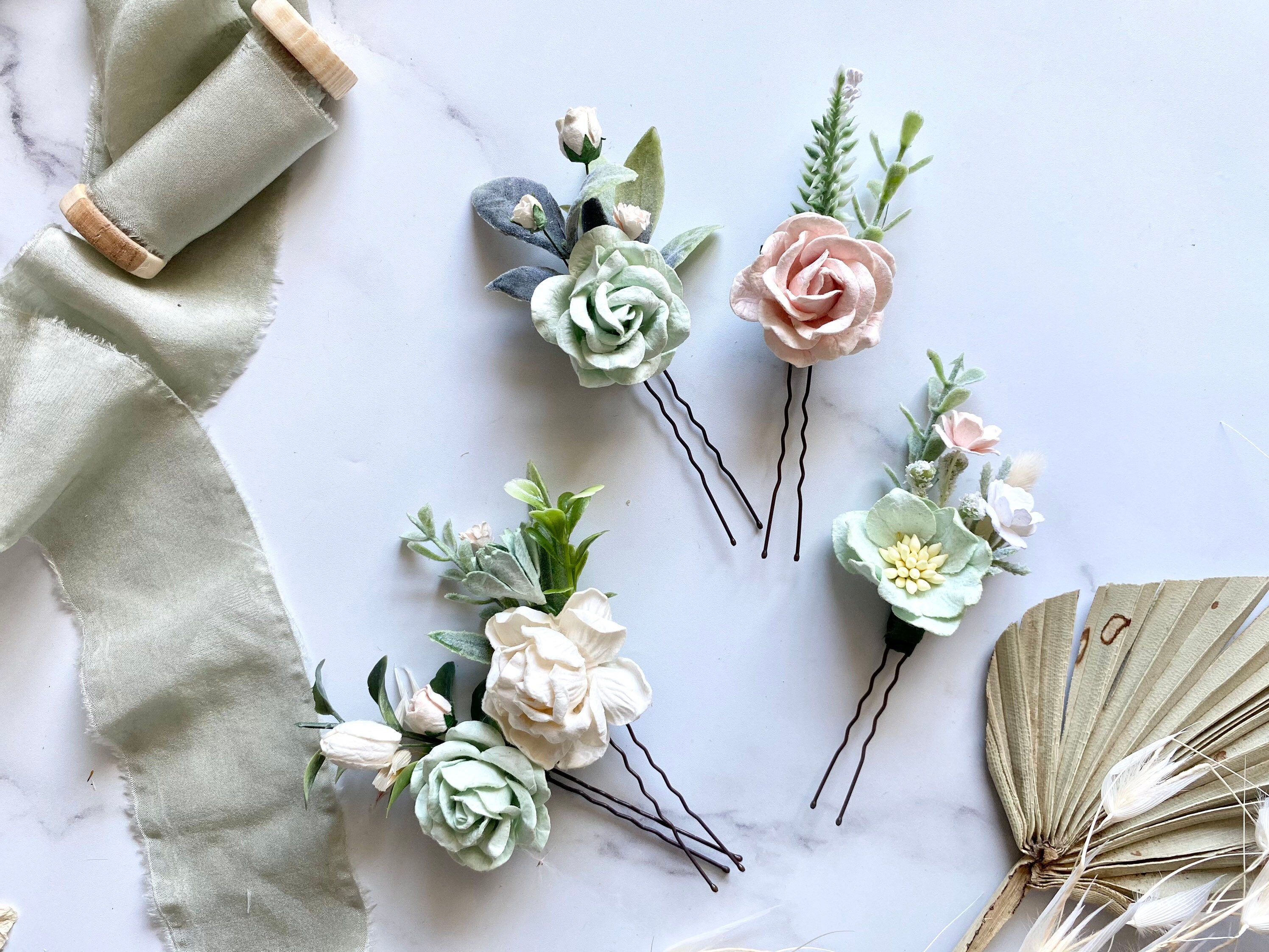 Sage Green and Peach Flower Hair Pins Bridal Hair Pins Set - Etsy