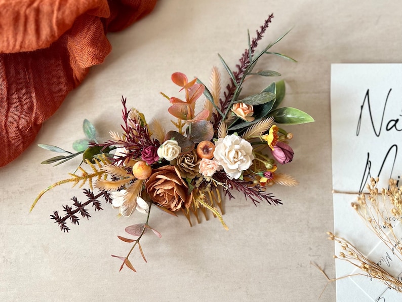 Burnt Orange Floral Hair Comb, Boho Bridal Hair Accessories, Autumnal ...