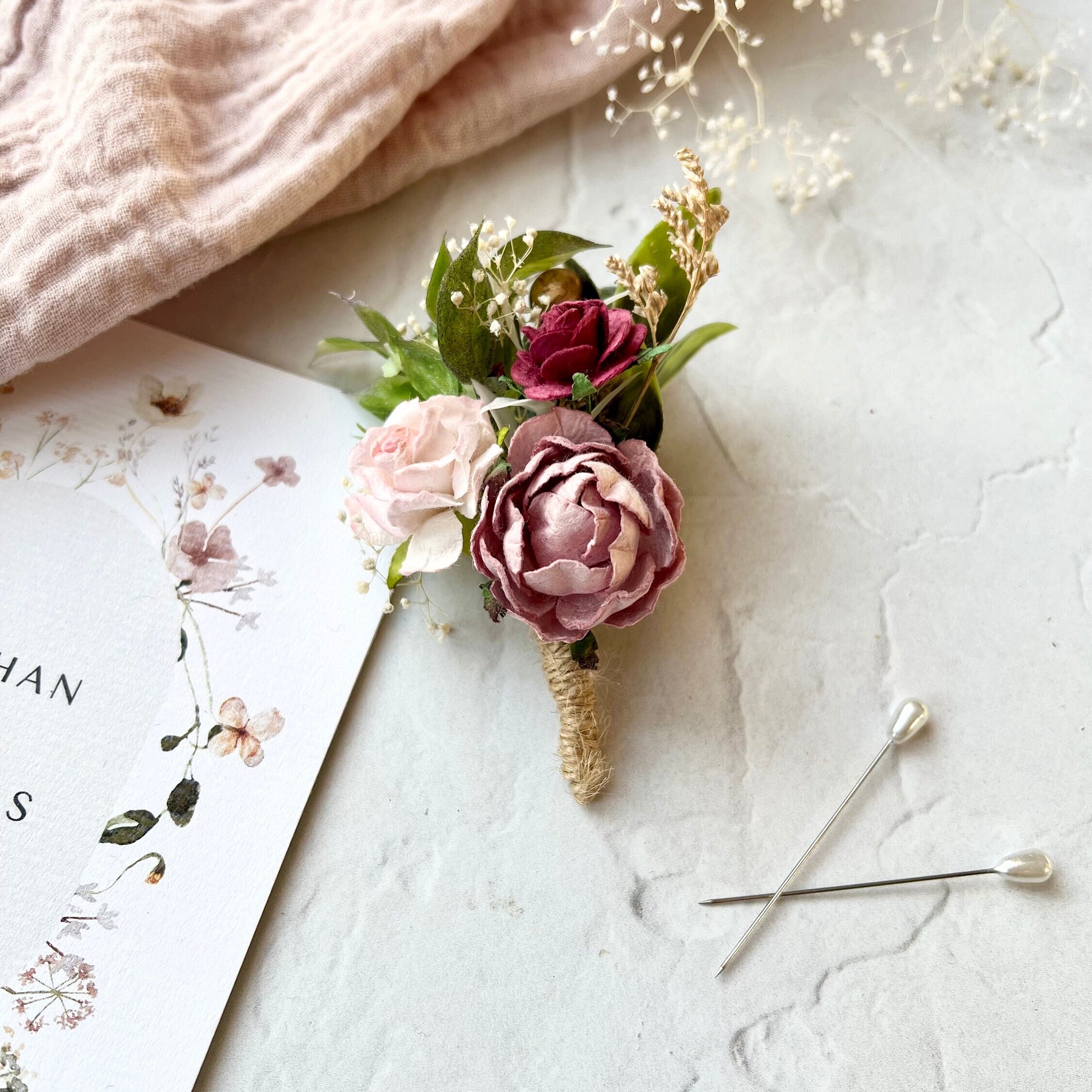 Dusty Pink, Burgundy and Blush Boutonniere, One Floral Boutonniere ...