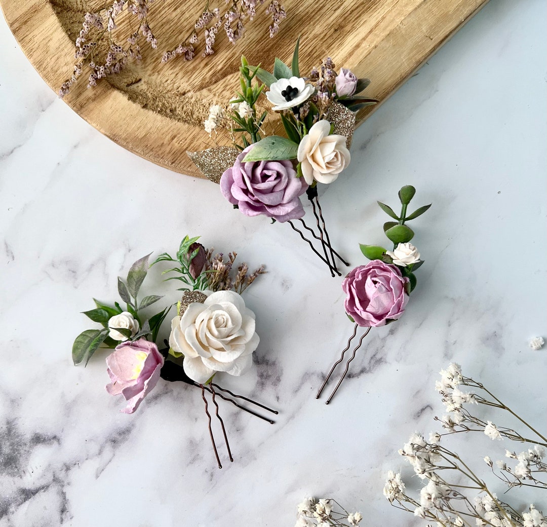 White And Purple Flower Hair Pins Bridal Hair Pins Flower Etsy