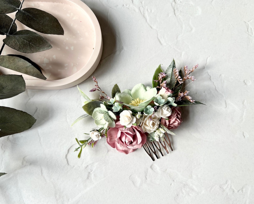 Dusty Pink and Sage Green Hair Comb, Bridal Hair Comb, Flower Hair Comb ...