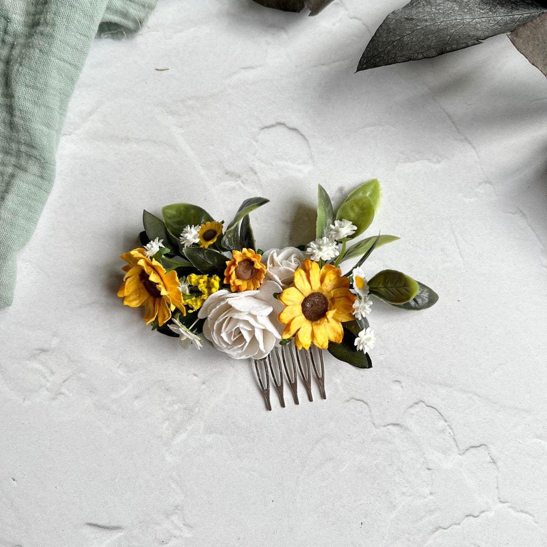 Sunflower and White Rose Floral Hair Comb, Paper Hair Piece, Bridal ...