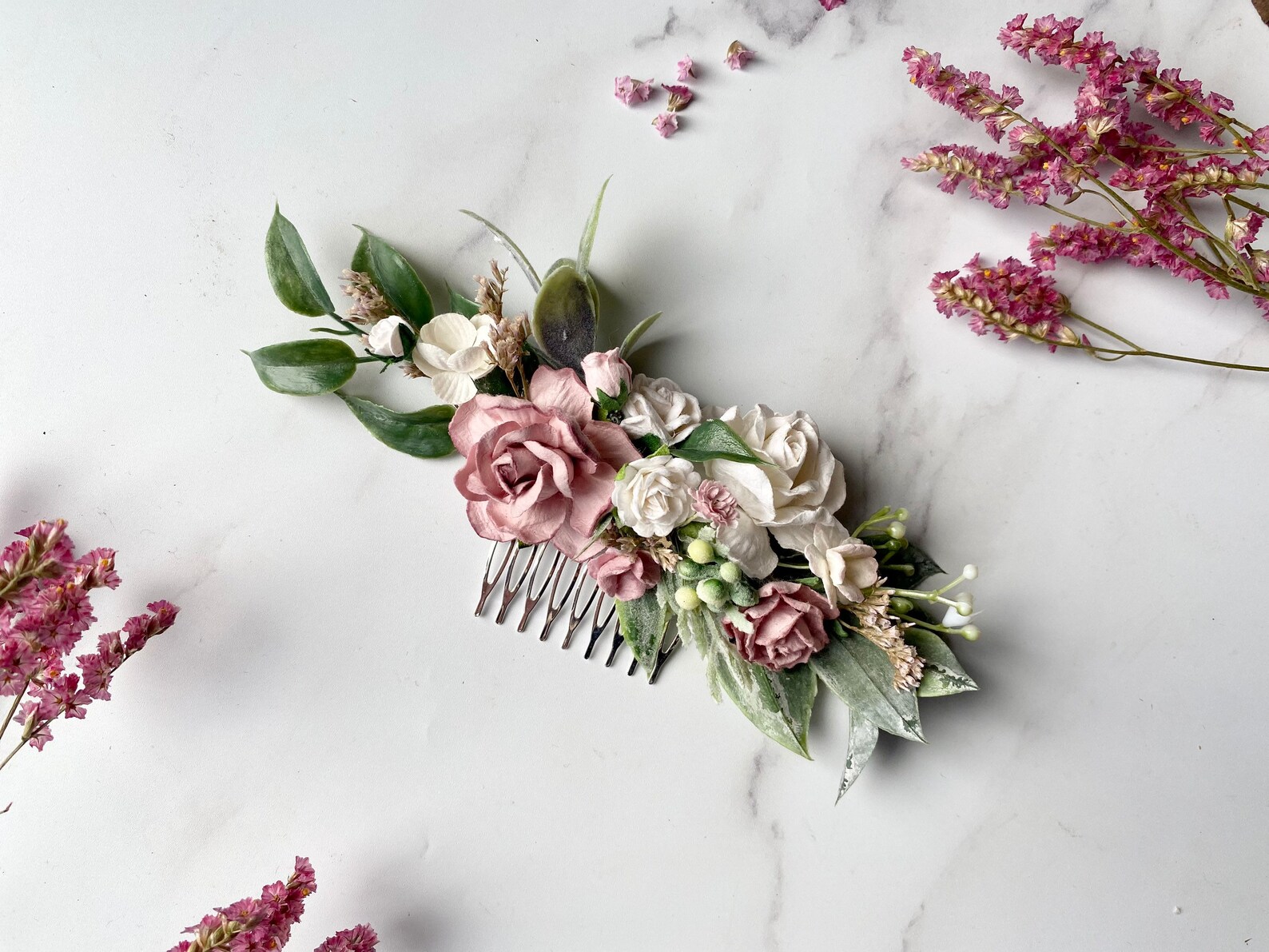 Dusty Pink and White Hair Comb Bridal Hair Comb Flower Hair - Etsy UK