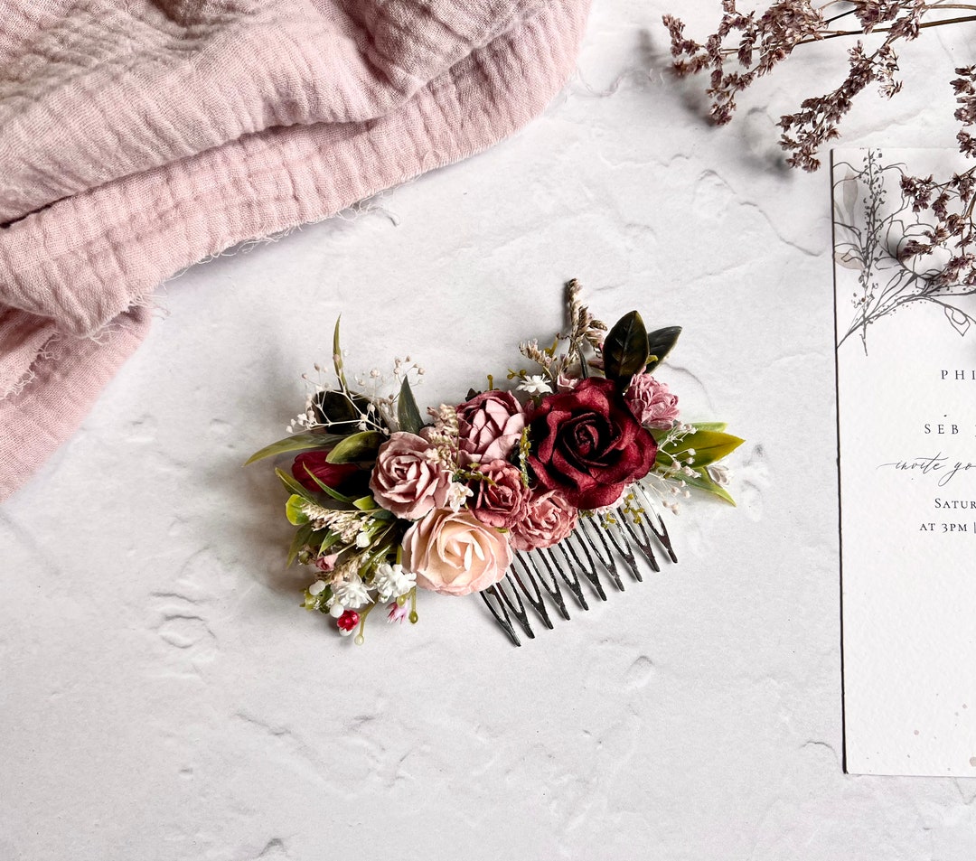 Pink and Burgundy Floral Hair Comb, Bridal Hair Comb, Flower Hair Comb ...