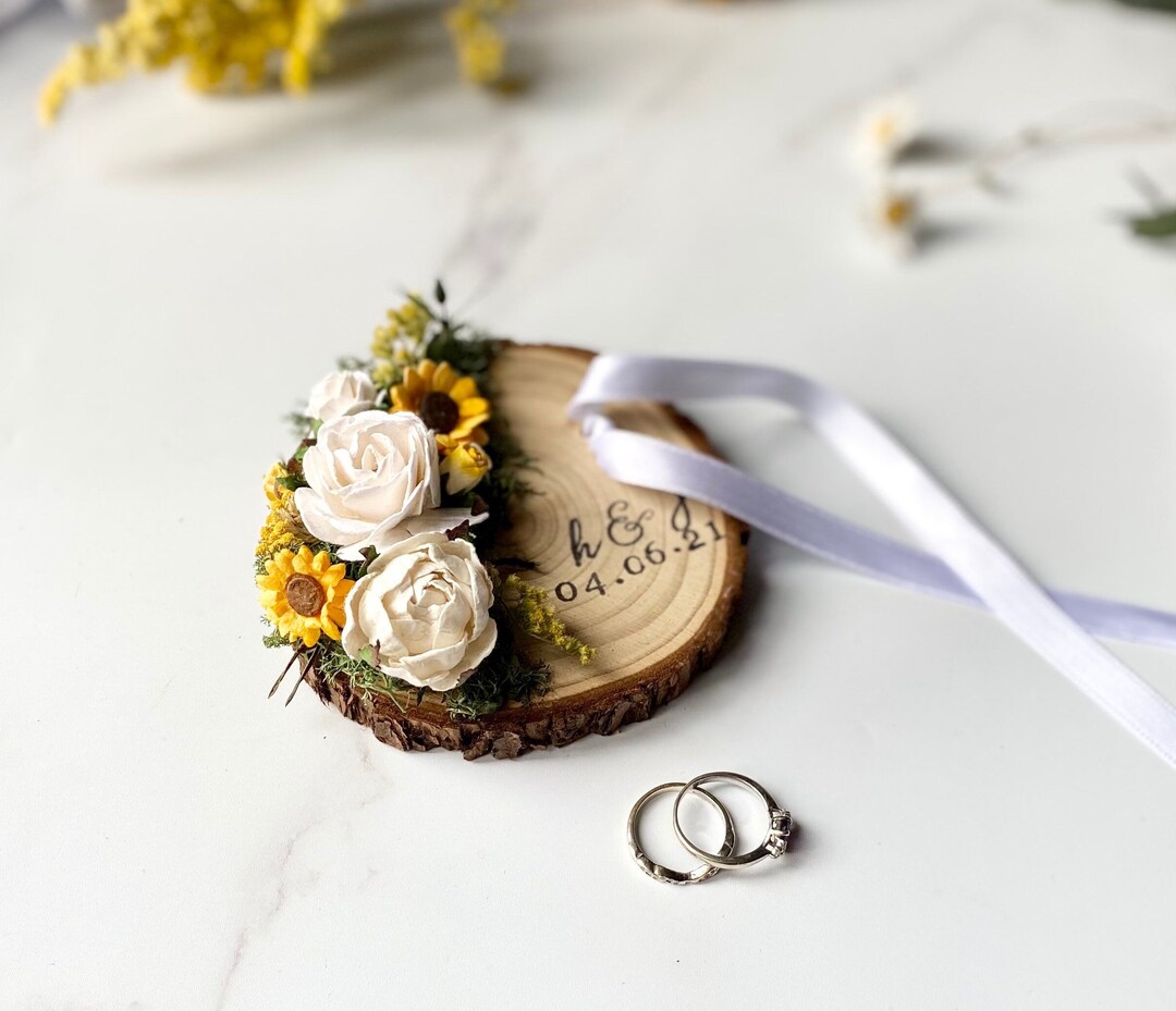 Sunflower and White Rose Wooden Wedding Ring Holder, Flower Wedding ...