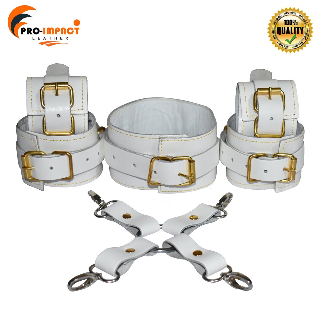 Real Leather BDSM Concede Handcuffs Ankle Cuffs Collar 4 Way Bonus Hog ...