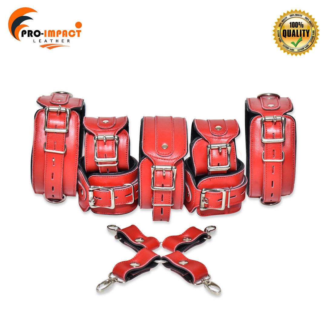 Genuine Cow-hide Leather BDSM 7 Pcs Restraints Foam Padded Ankle Cuffs ...