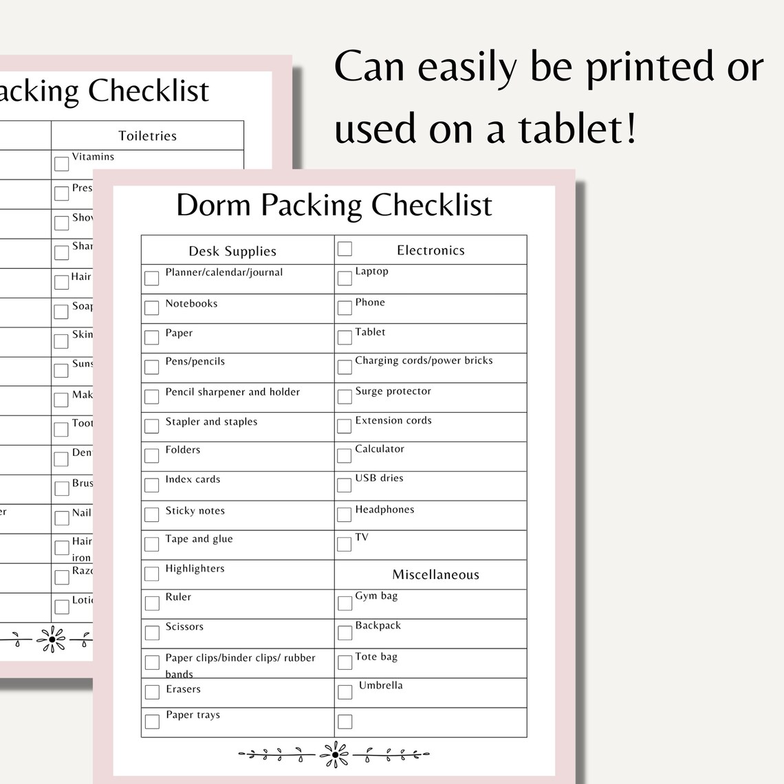College Packing Checklist - Dorm College Move in List - Digital ...