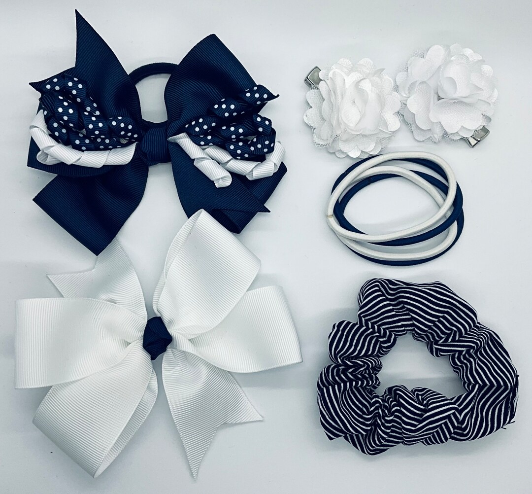 School Uniform Hair Bow Set: Polka Dot Bows, Flower Clips & Matching ...