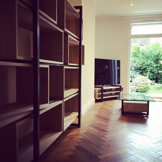 Shinpuru Sliding Shelf Unit Solid Oak & Oil Blackened Steel | Etsy