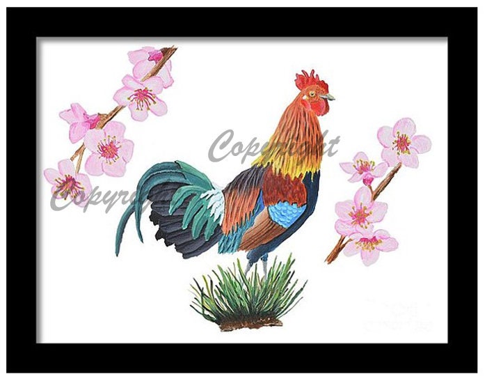 Bird Art Print, Chicken Art, Flower Art, Delaware State Bird, Blue Hen ...
