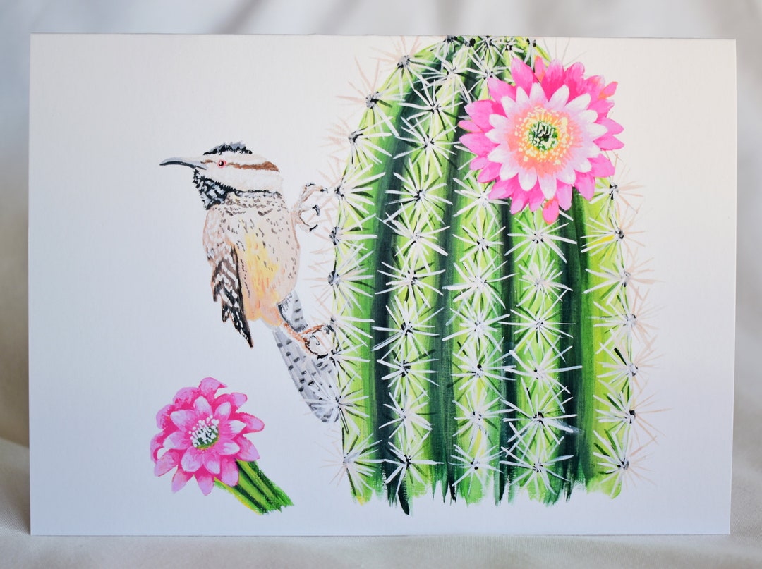 Arizona State Bird and Flower Greeting Card, Cactus Wren, Saguaro ...