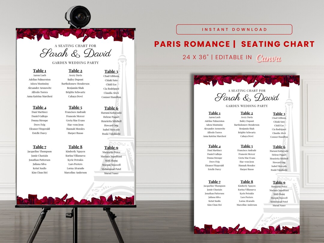 Paris Romance Seating Chart: Customizable Wedding, Birthday, Gala ...