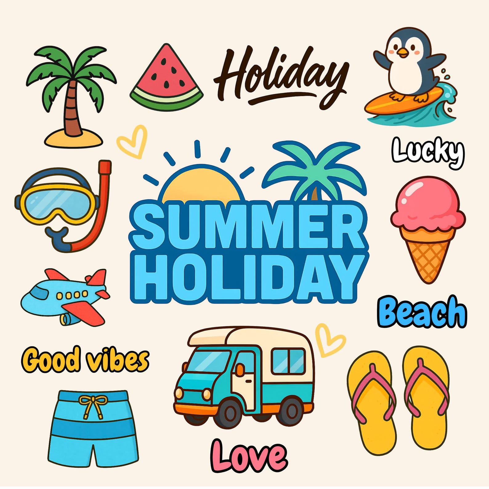 Summer Holiday Clipart Bundle – Cute Beach & Vacation Pngs, Kawaii ...