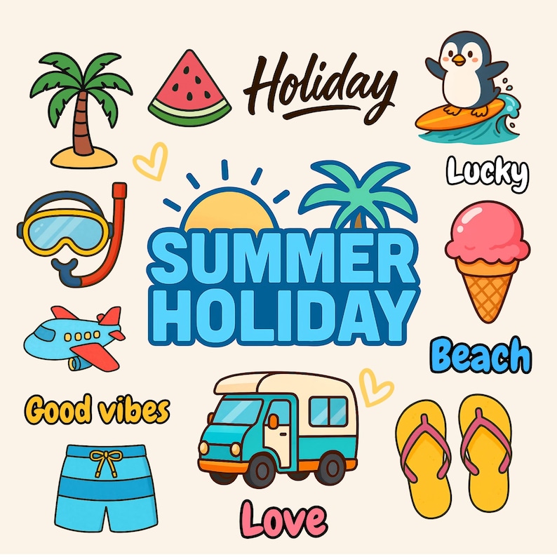 Summer Holiday Clipart Bundle – Cute Beach & Vacation Pngs, Kawaii ...
