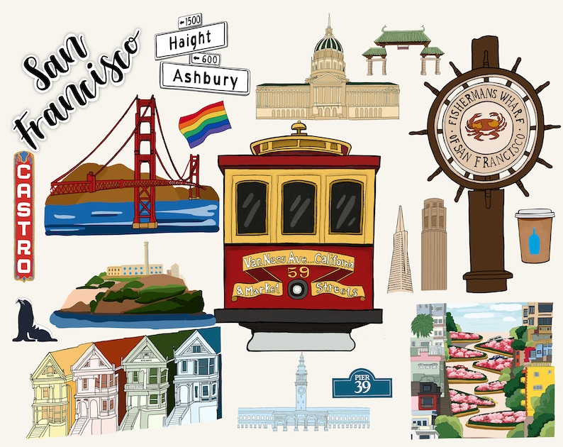 San Francisco Clip Art, Clipart, San Francisco Digital STICKERS Set ...