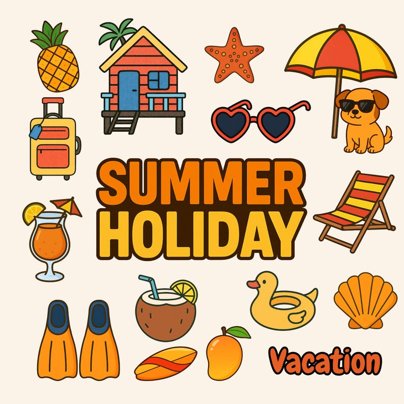 Summer Holiday Clipart Bundle – Cute Beach & Vacation Pngs, Kawaii ...